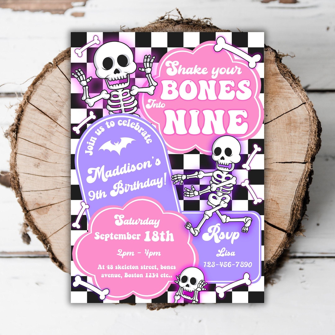 Printable Halloween 9th Birthday Invitation Girls Spooky Nine Skeleton ...