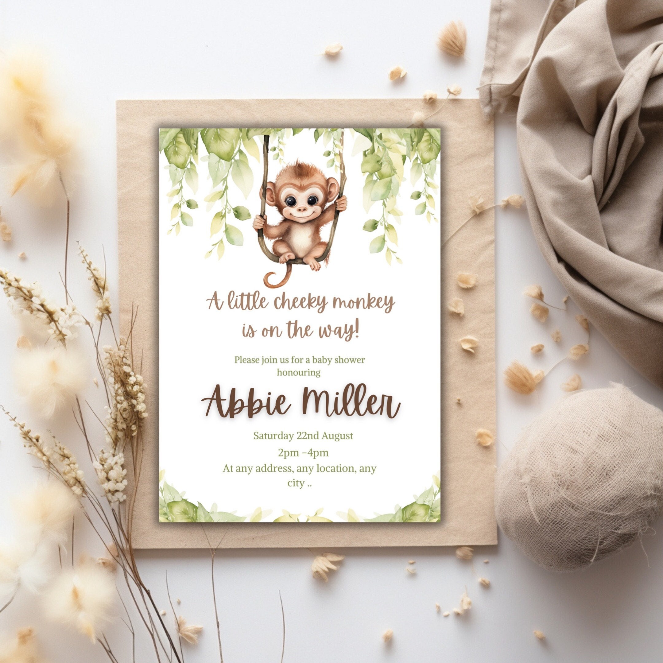 Printable Jungle Cheeky Monkey Baby Shower Invitation Template Editable ...