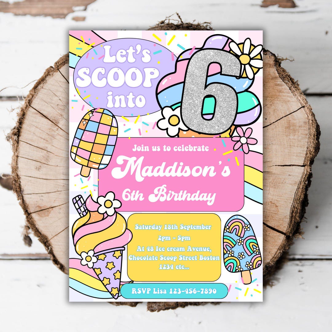 Printable Ice Cream 6th Birthday Invitation Girls Ice Pop Editable Six ...