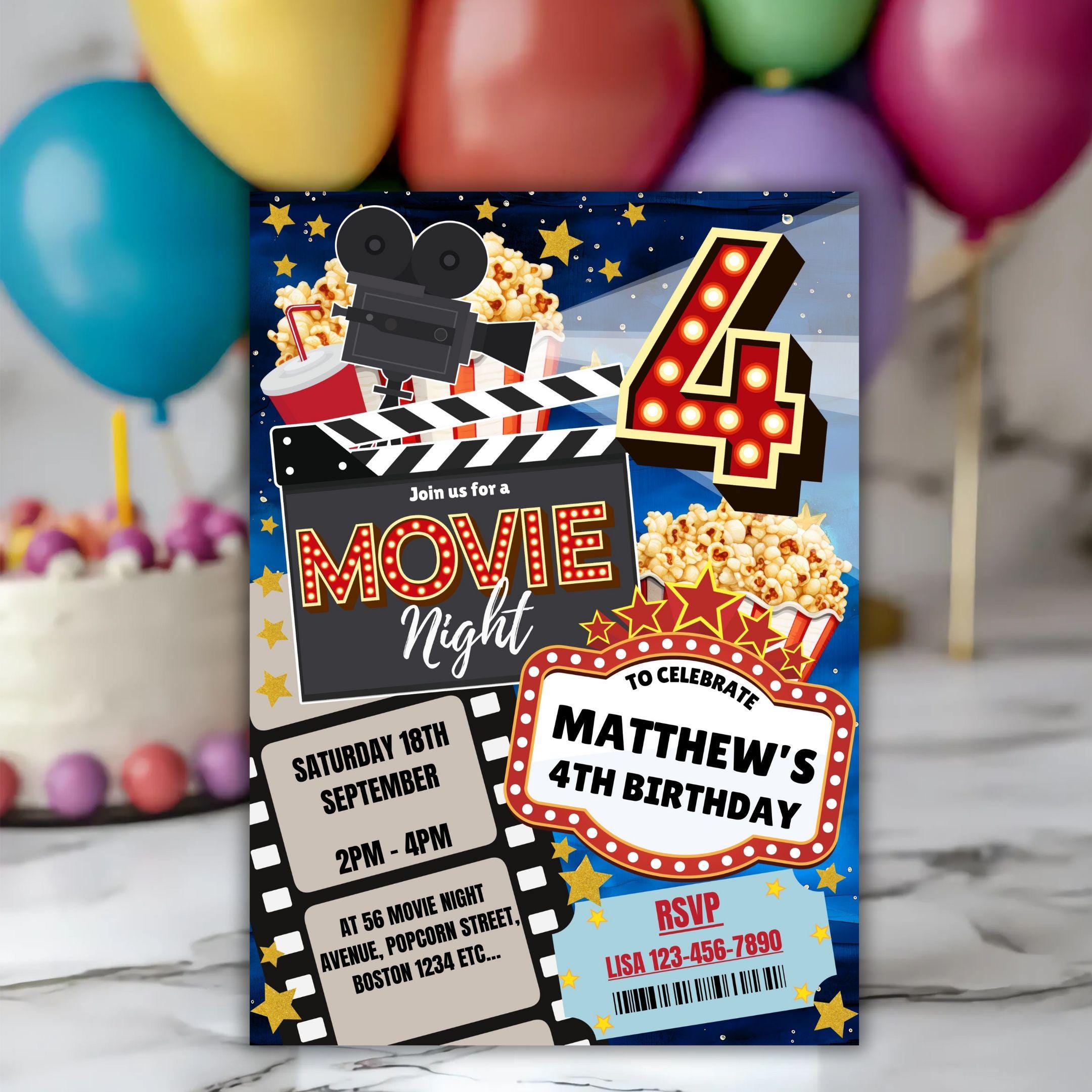 Printable Movie Night 4th Birthday Invitation Party Editable Cinema ...