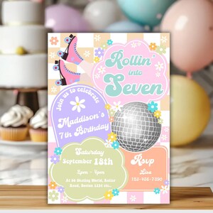 Printable Pastel Roller Skating Girls 7th Birthday Invitation Roller ...
