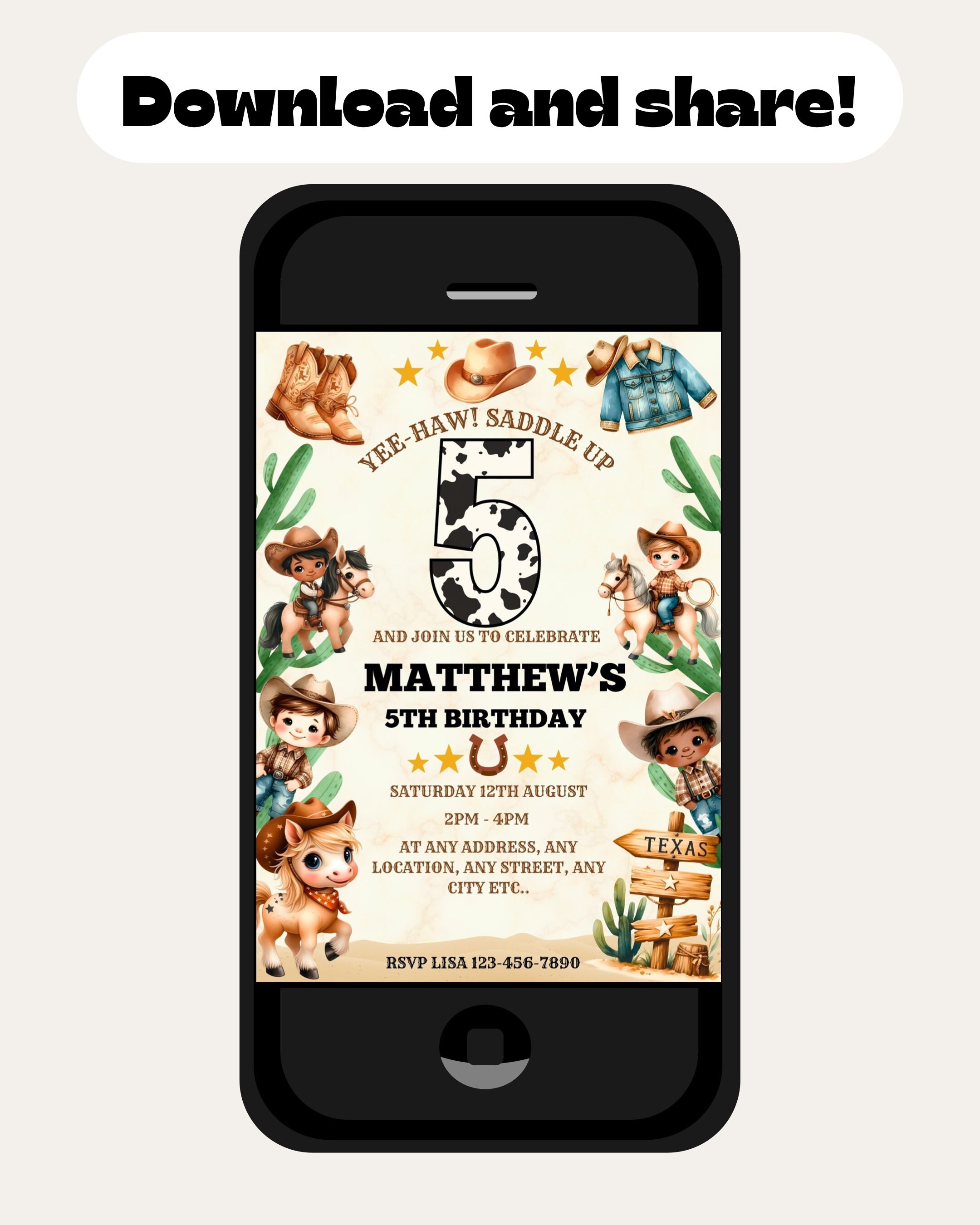 Printable Cowboy 5th Birthday Invitation Boys Wild West Rodeo Editable ...