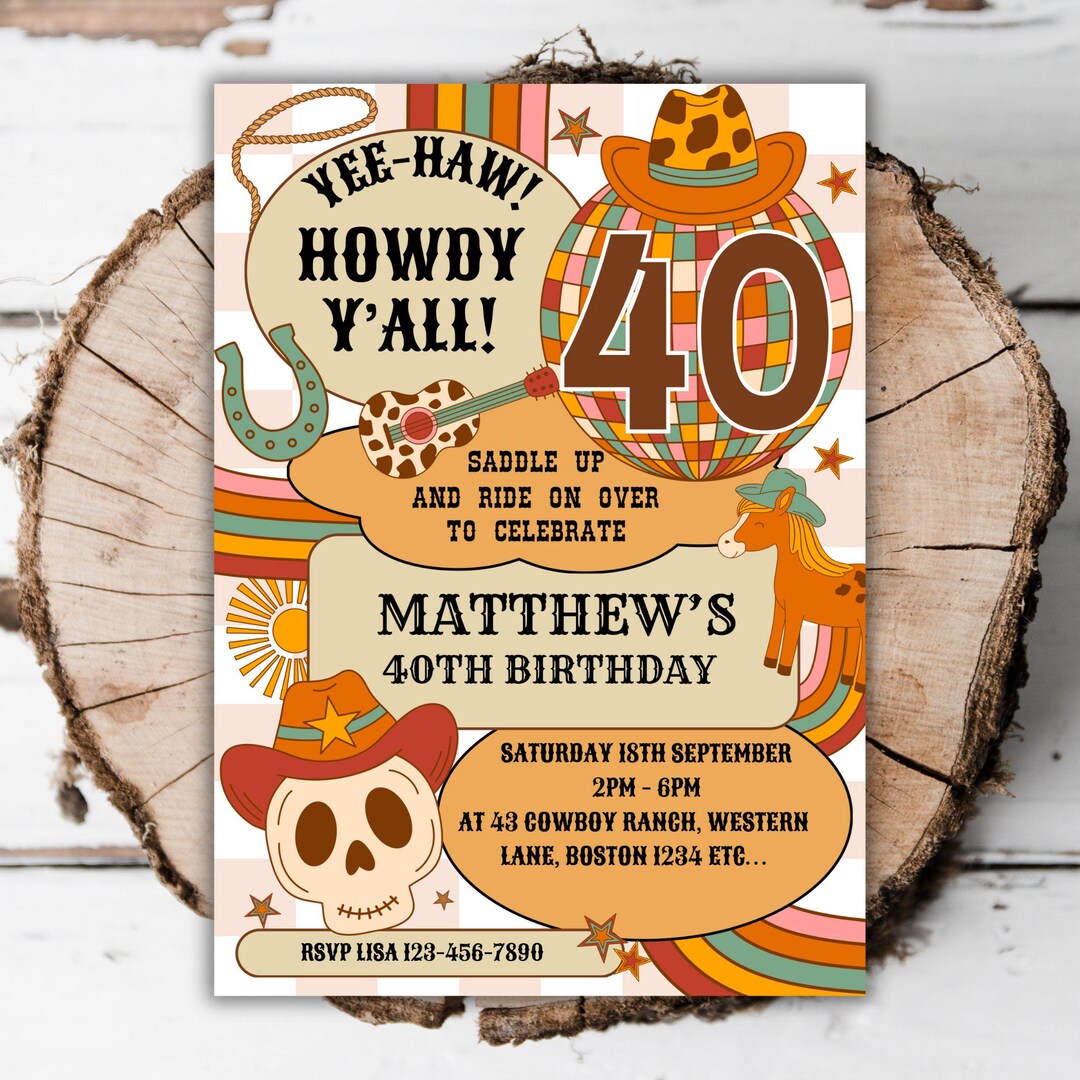 Printable Cowboy 40th Birthday Invitation Mens Wild West Rodeo Editable ...