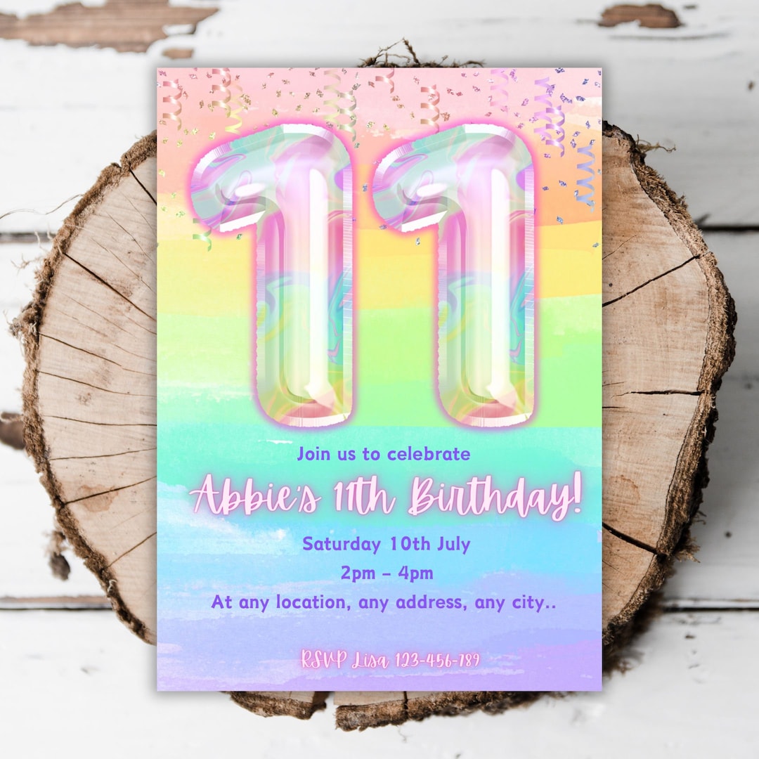 Printable Rainbow Girls 11th Birthday Invitation Glitter Template Foil ...
