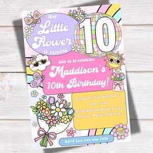 Printable Flower 10th Birthday Party Invitation Groovy Floral Editable ...