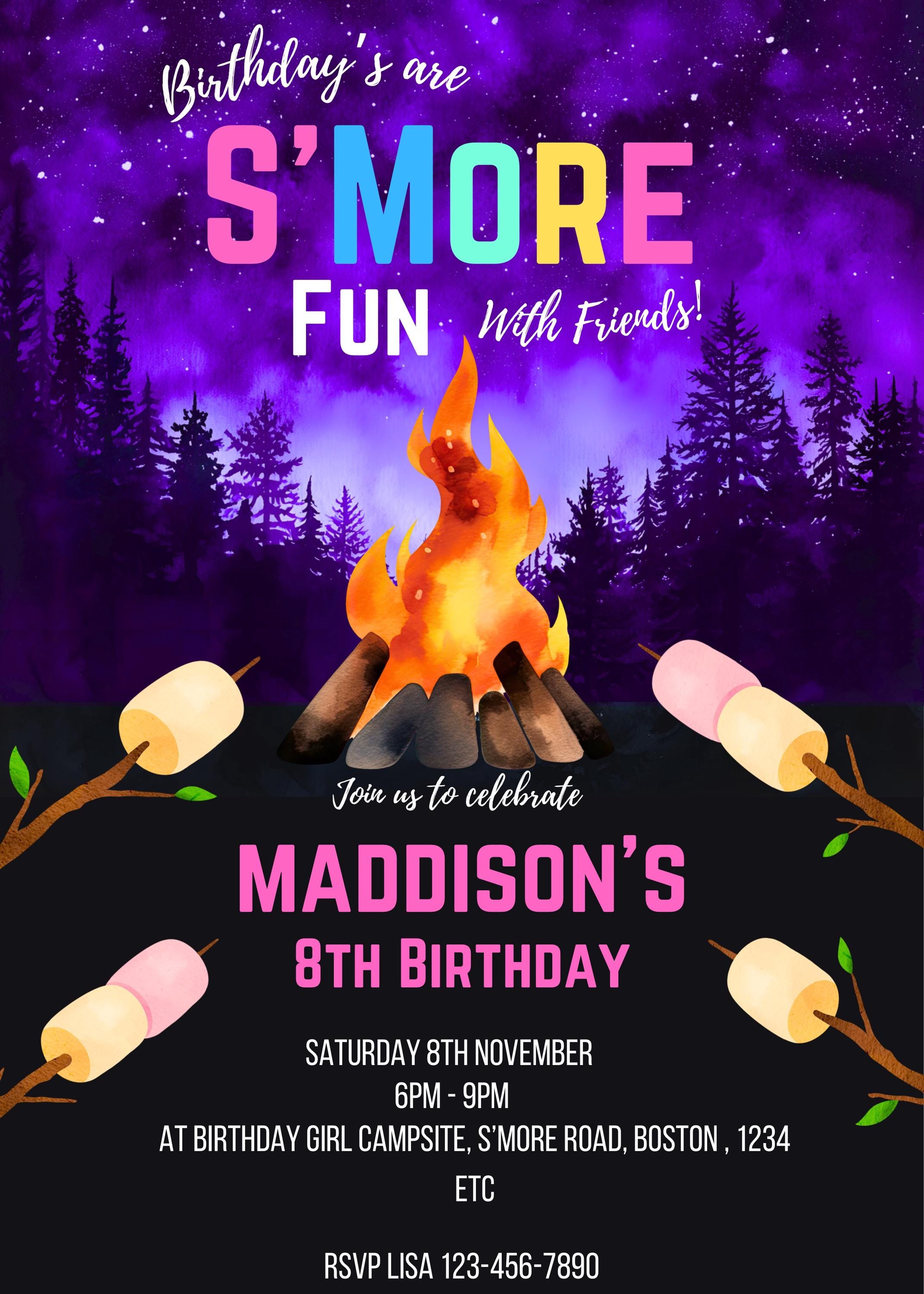 Printable Smore Birthday Invitation Girls Camping Party Editable ...