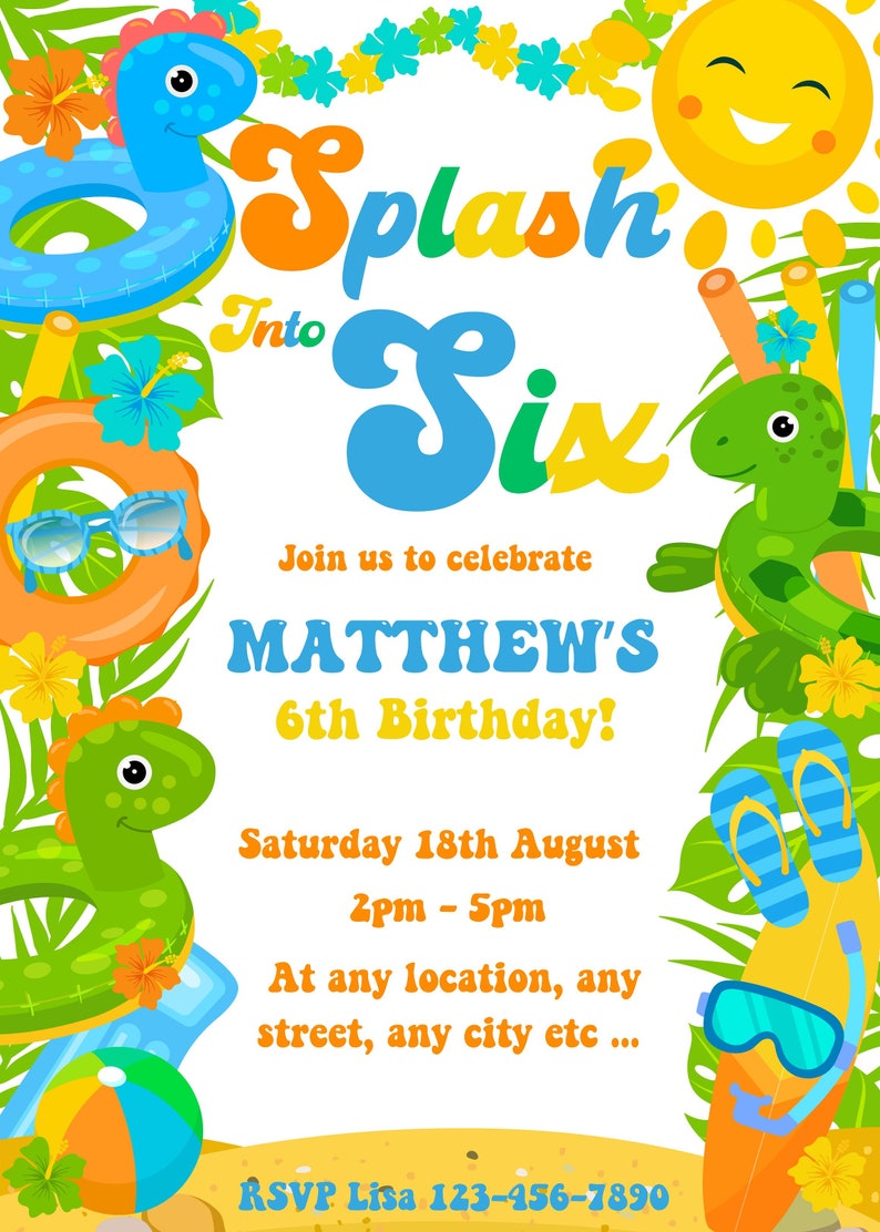 Printable Dinosaur Splash Into Six Pool Party Boys Invitation Dino ...