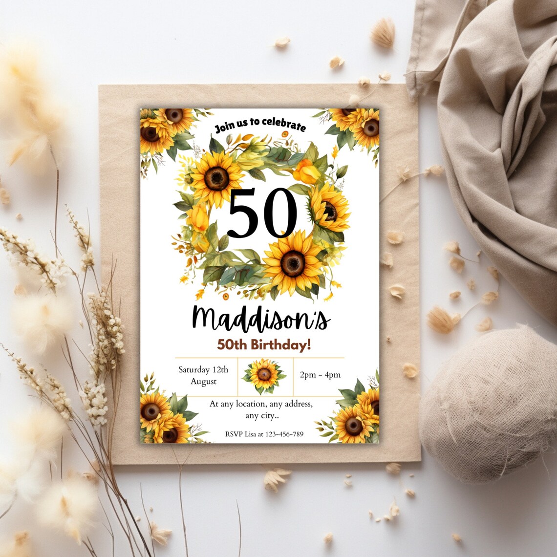 Printable Sunflower 50th Birthday Invitation Editable Rustic Flower ...
