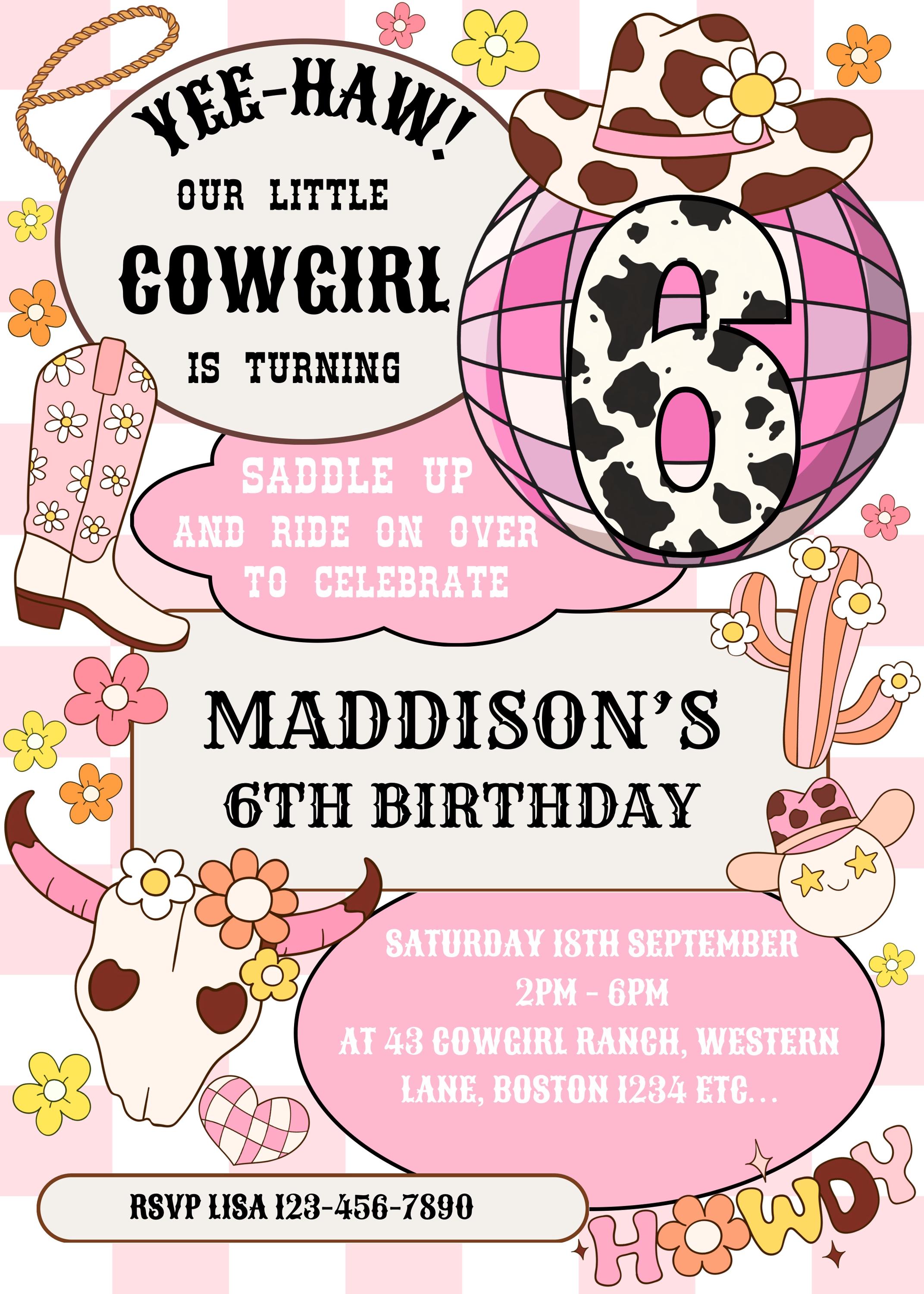 Printable Cowgirl 6th Birthday Invitation Girls Wild West Rodeo ...