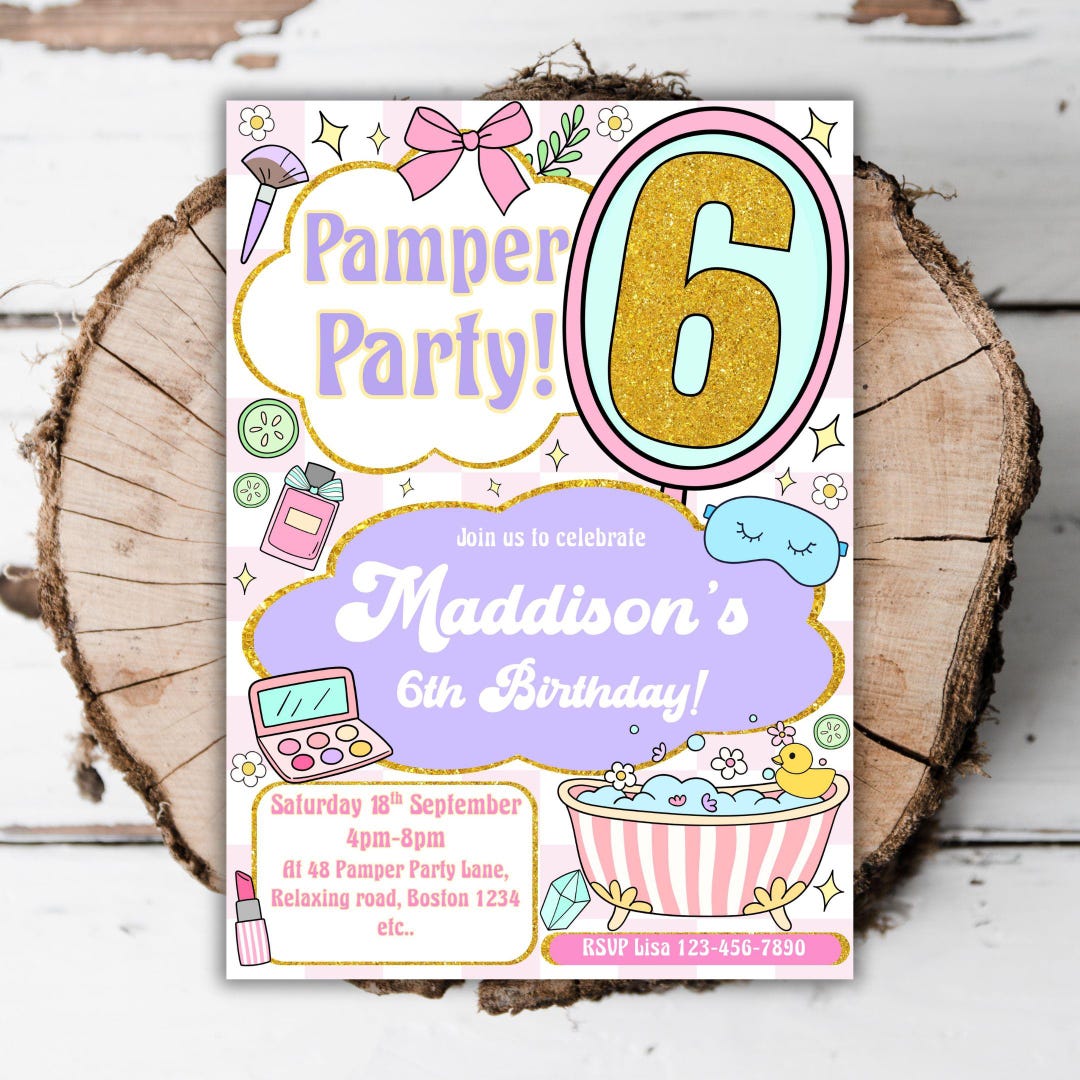 Printable Pamper Party 6th Birthday Party Invitation Sleepover Spa Day ...