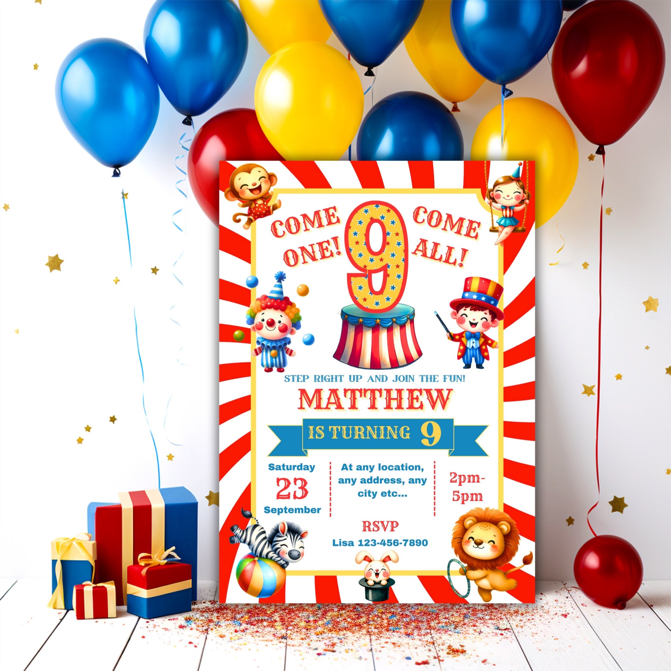 Printable Circus 9th Birthday Invitation Carnival Editable Greatest ...