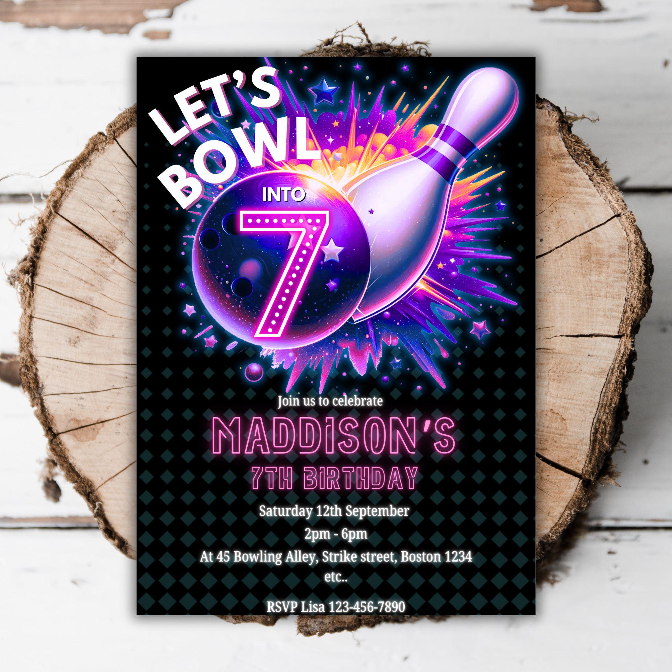 Printable Neon Bowling Girls 7th Birthday Invitation Glow Editable ...