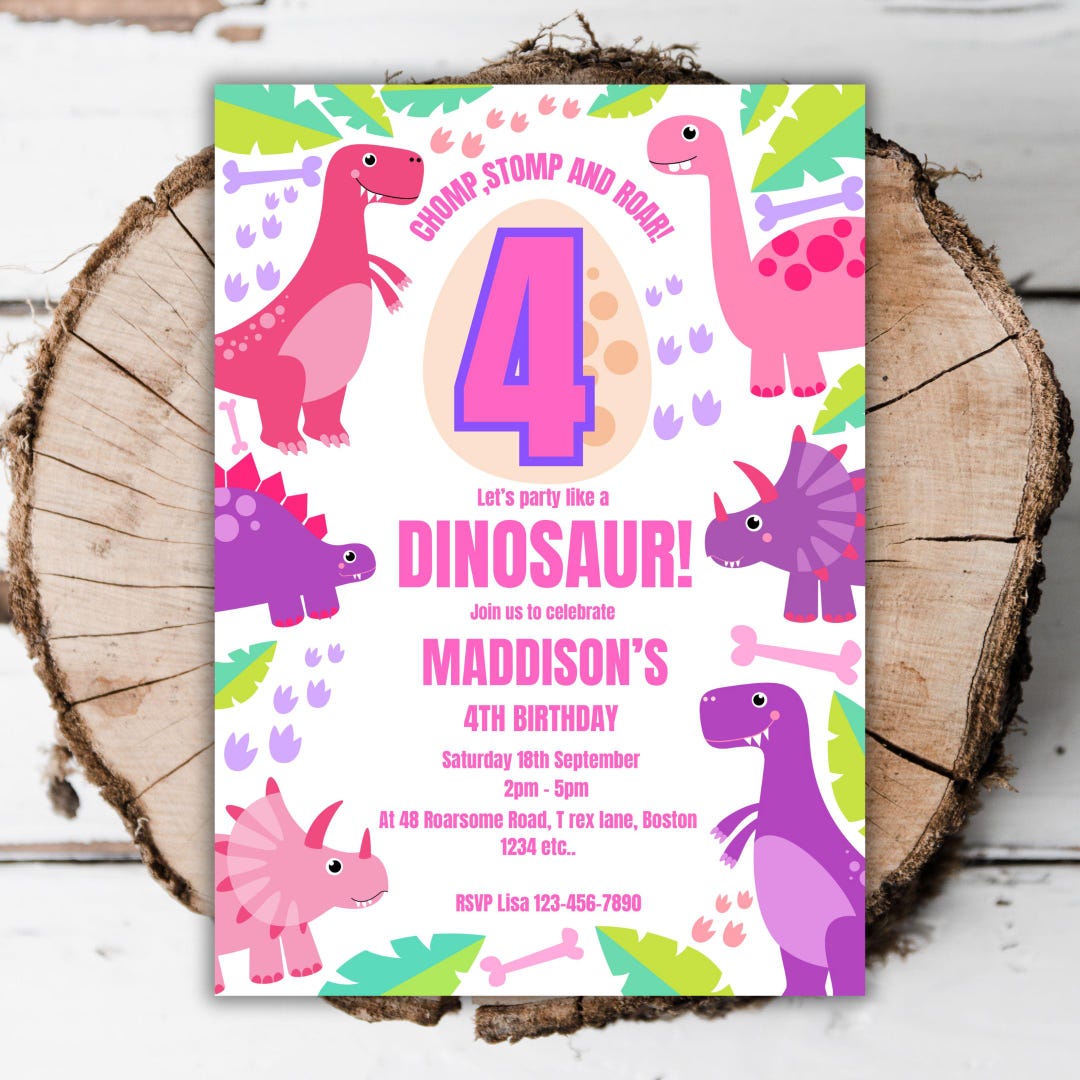 Printable Dinosaur Girls 4th Birthday Invitation Dino Editable Jurassic ...