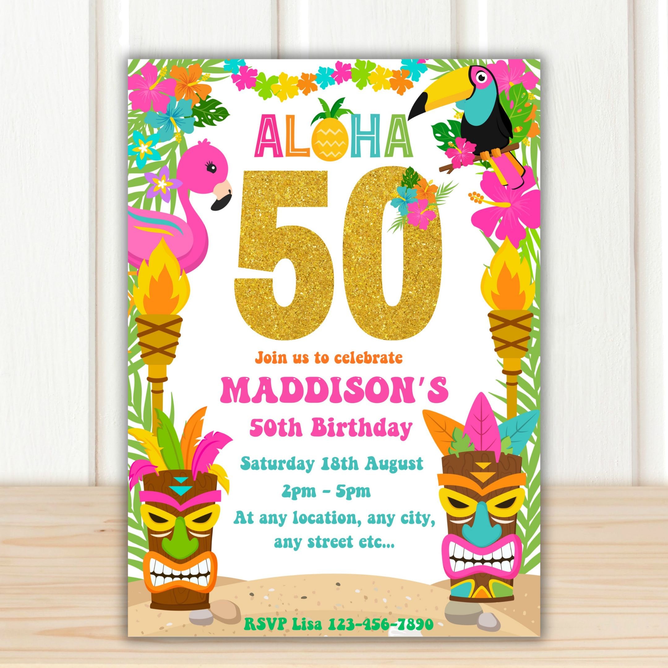 Printable Hawaiian Luau Adult Aloha 50th Birthday Invitation Tropical ...