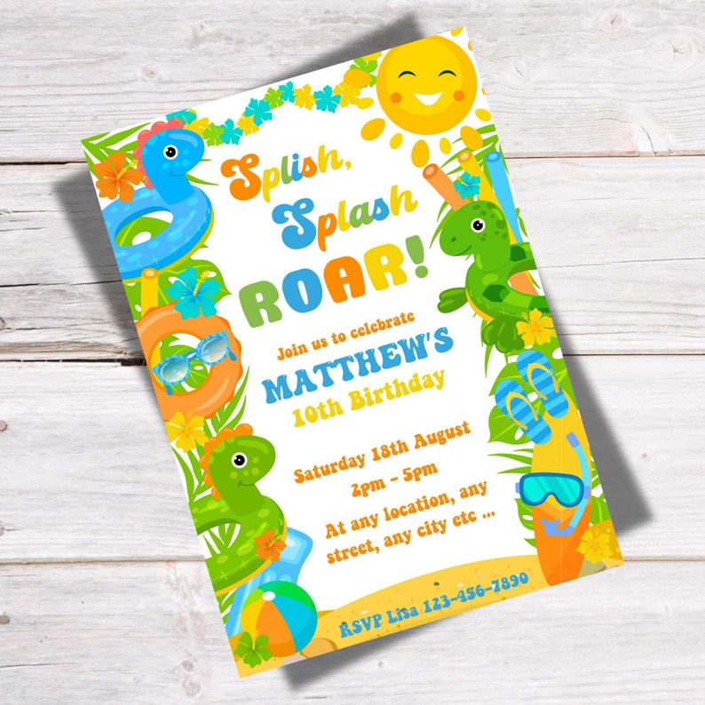 Printable Dinosaur Pool Party Boys Birthday Invitation Dino Summer ...