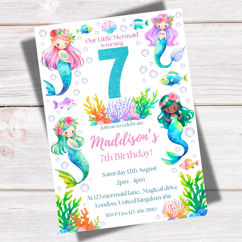 Printable Mermaid 7th Birthday Invitation Girls Tropical Under the Sea ...