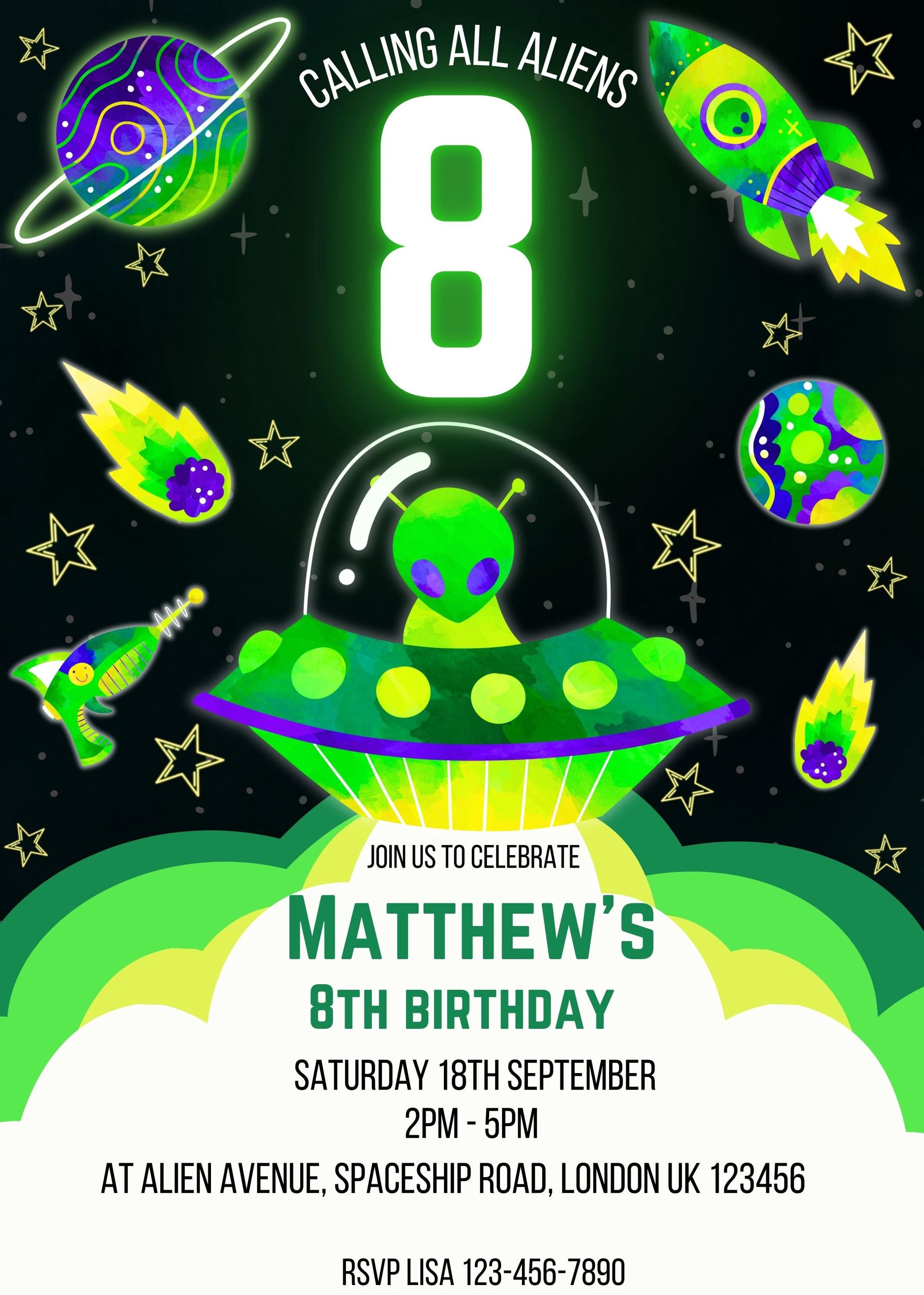 Printable Alien Birthday Invitation Boys Neon Alien Spaceship Editable ...