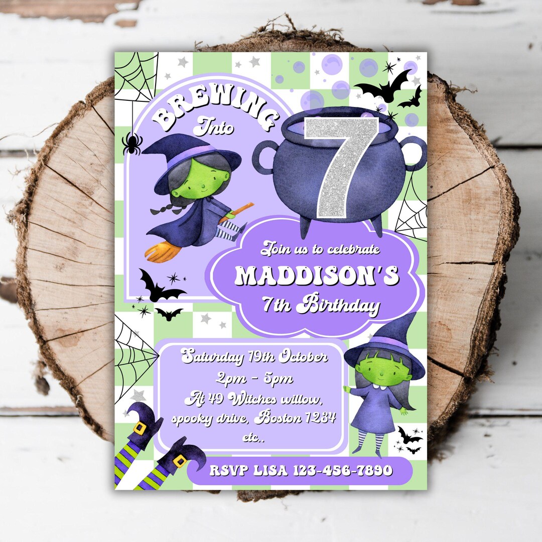 Printable Halloween 7th Birthday Invitation Girls Witch Spooky Seven ...