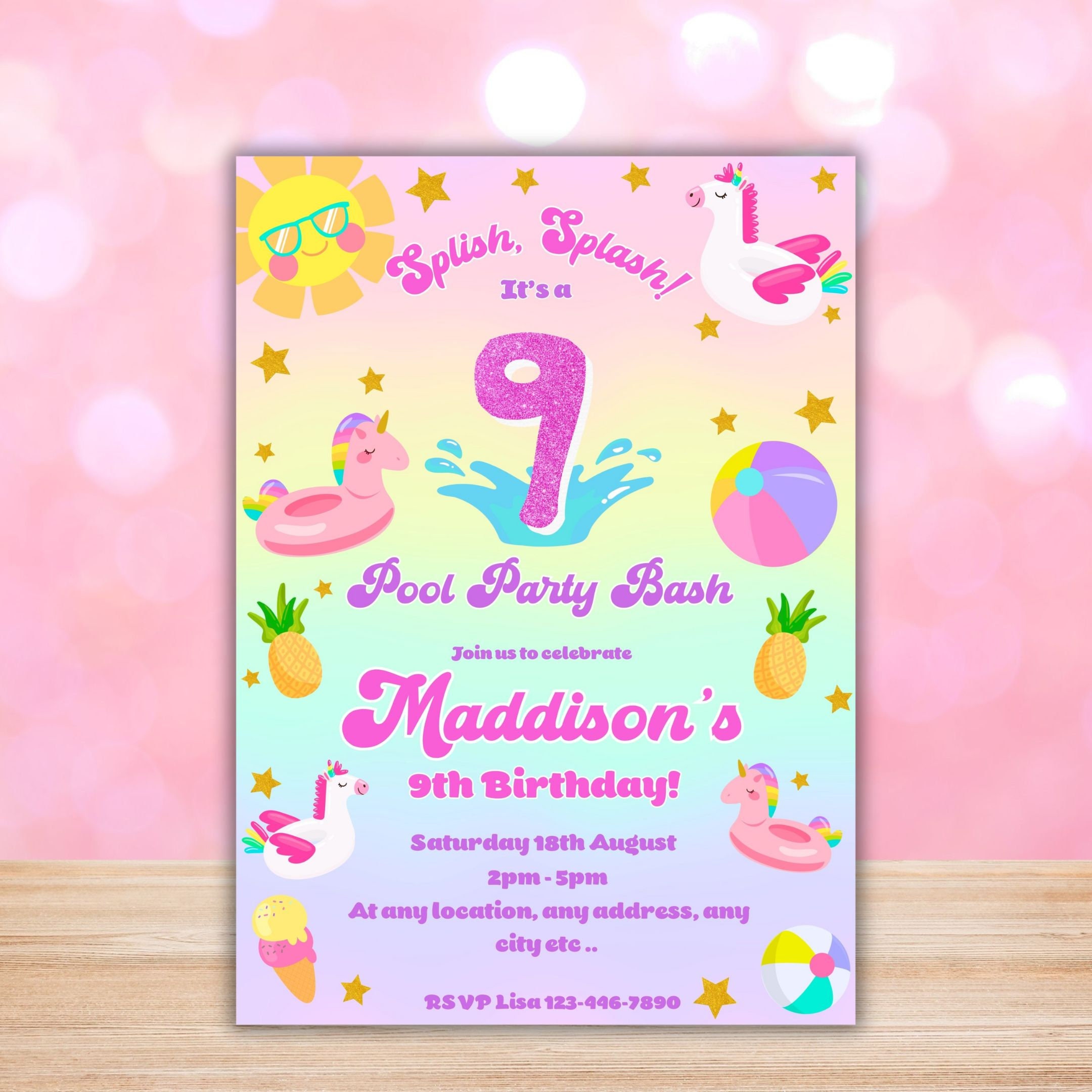 Printable Unicorn Rainbow Pool Party Girls 9th Birthday Invitation ...