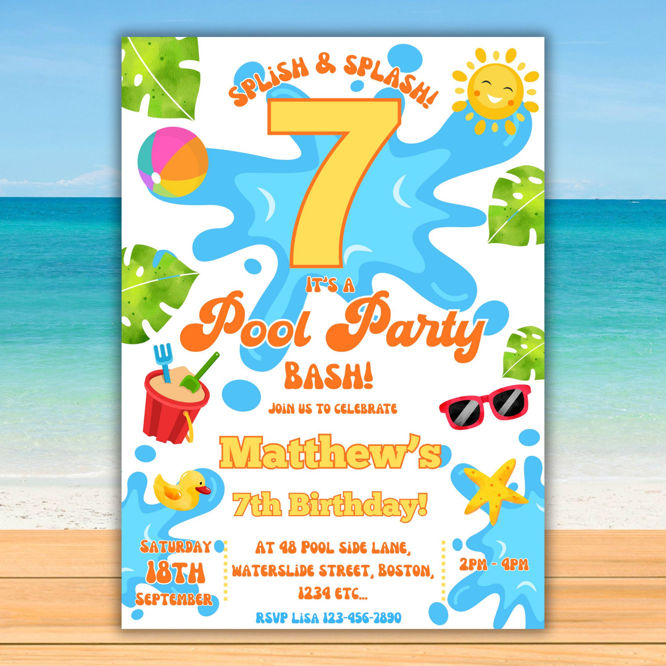 Printable Pool Party 7th Birthday Invitation Waterpark Editable Boys ...
