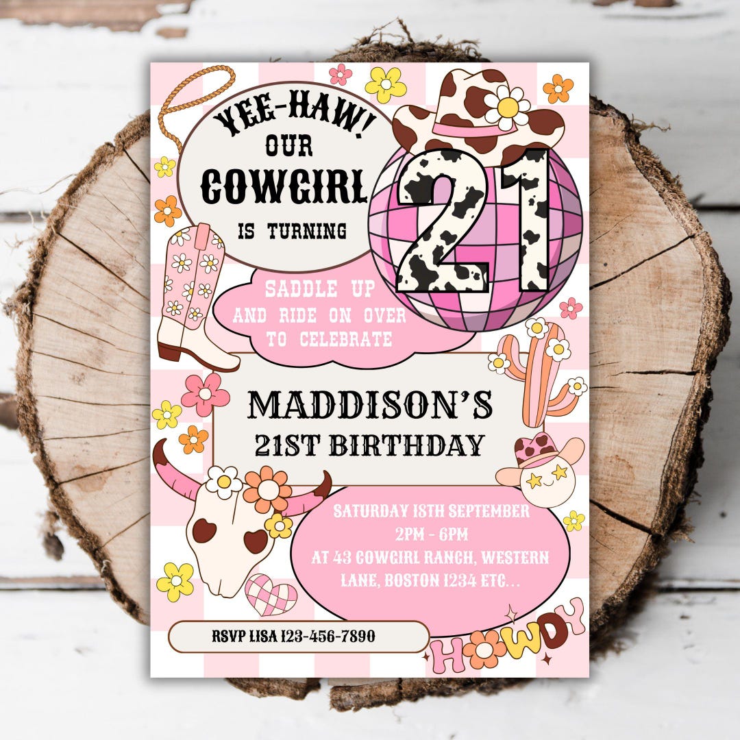 Printable Cowgirl 21st Birthday Invitation Girls Wild West Rodeo ...