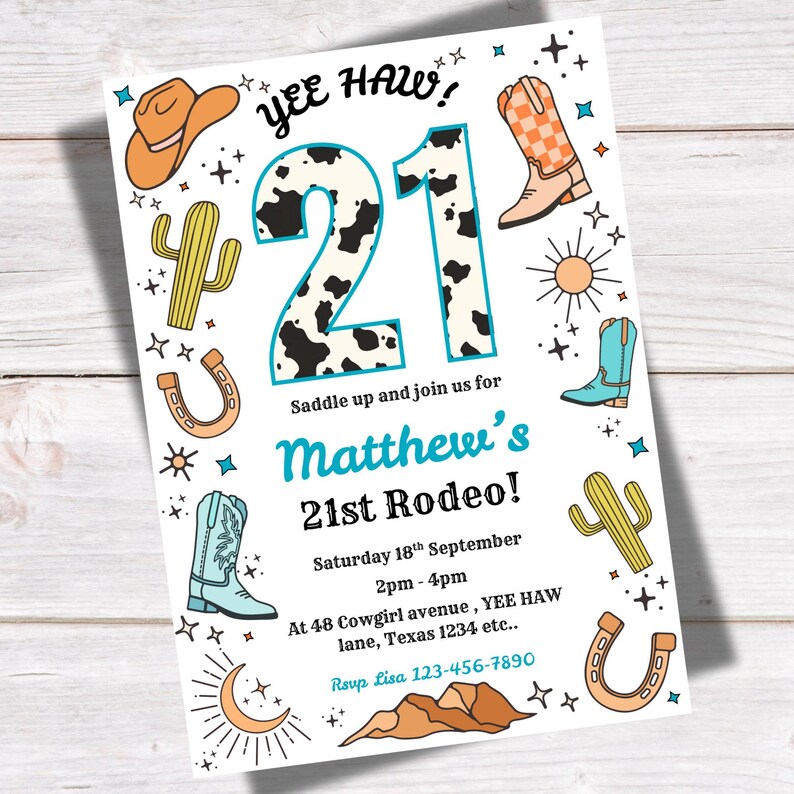 Printable Cowboy 21st Birthday Invitation Boys Wild West Rodeo Editable ...