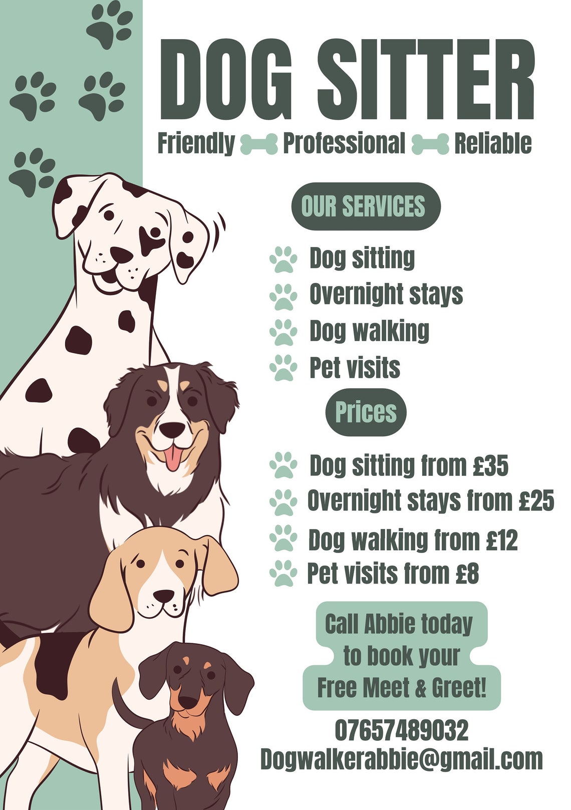 Printable Dog Sitting Business Flyer Dog Walking Flyer Doggy Daycare ...