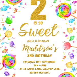 Printable Candy 2nd Birthday Invitation 2 is so Sweet Editable Candy ...