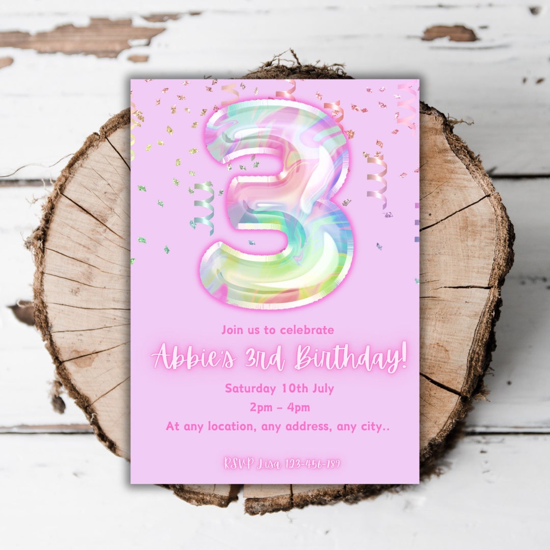 Editable Pink Girls 3rd Birthday Invitation Glitter Template Foil ...