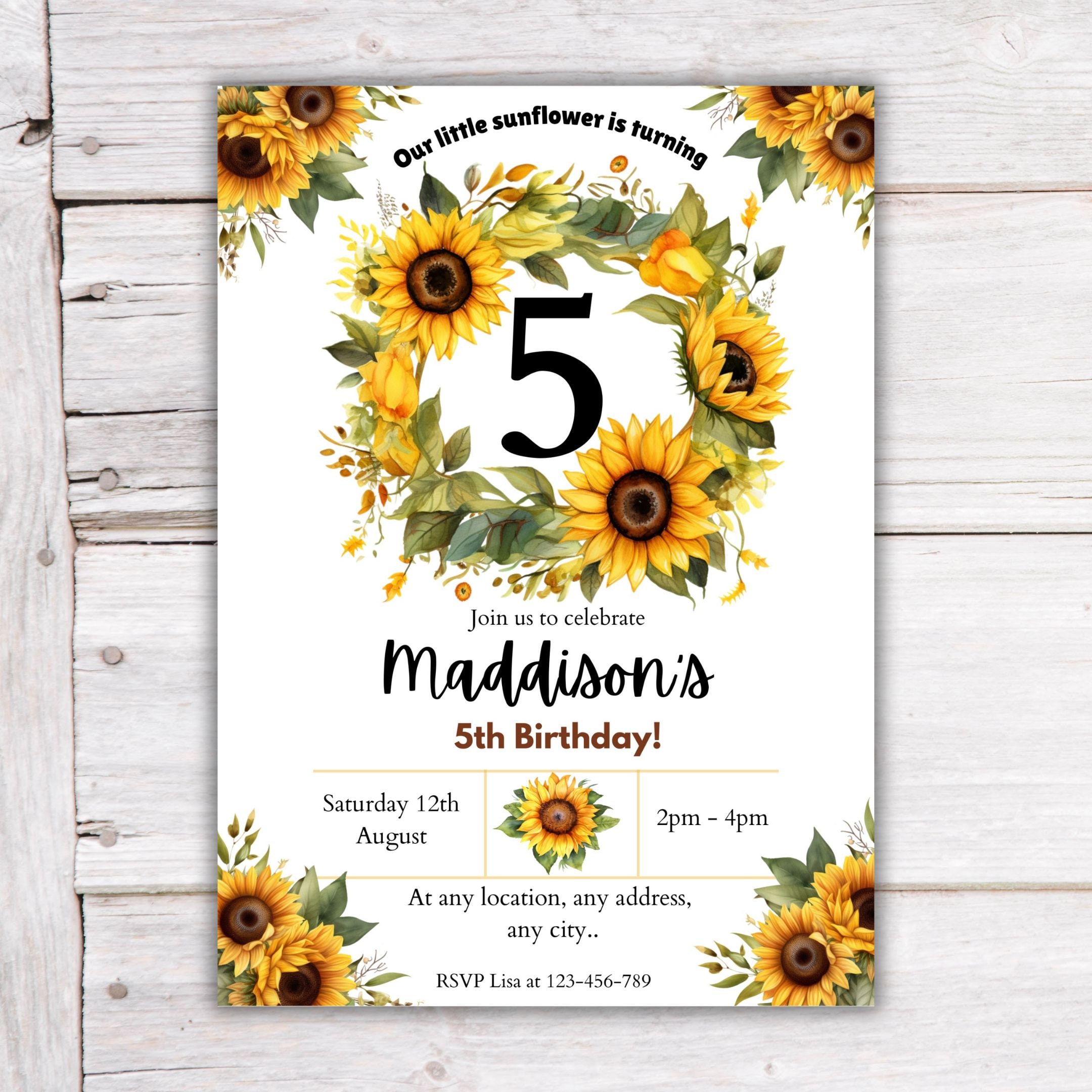 Printable Sunflower 5th Birthday Invitation Editable Rustic Flower ...