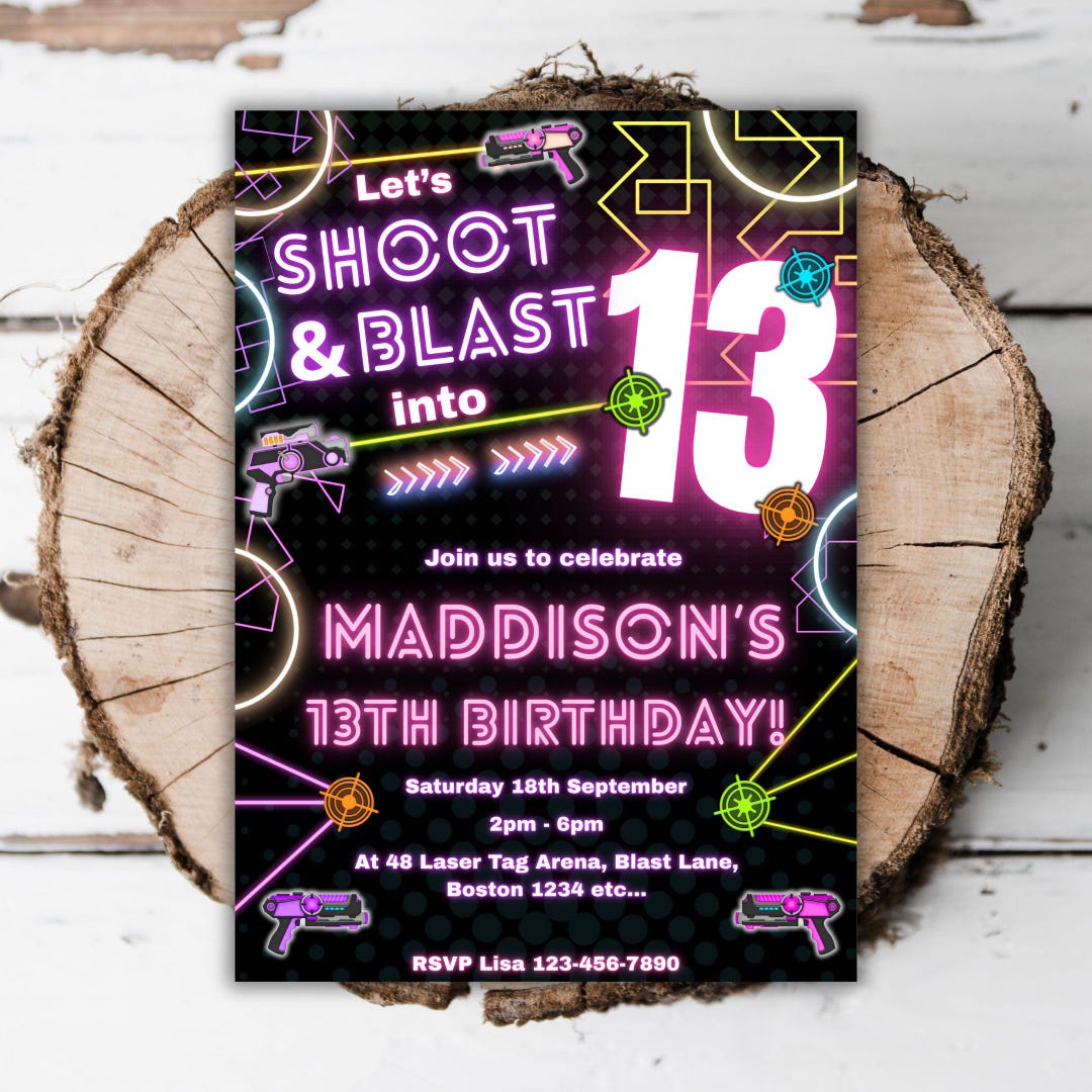 Printable Laser Tag 13th Birthday Invitation Neon Arcade Editable Girls ...