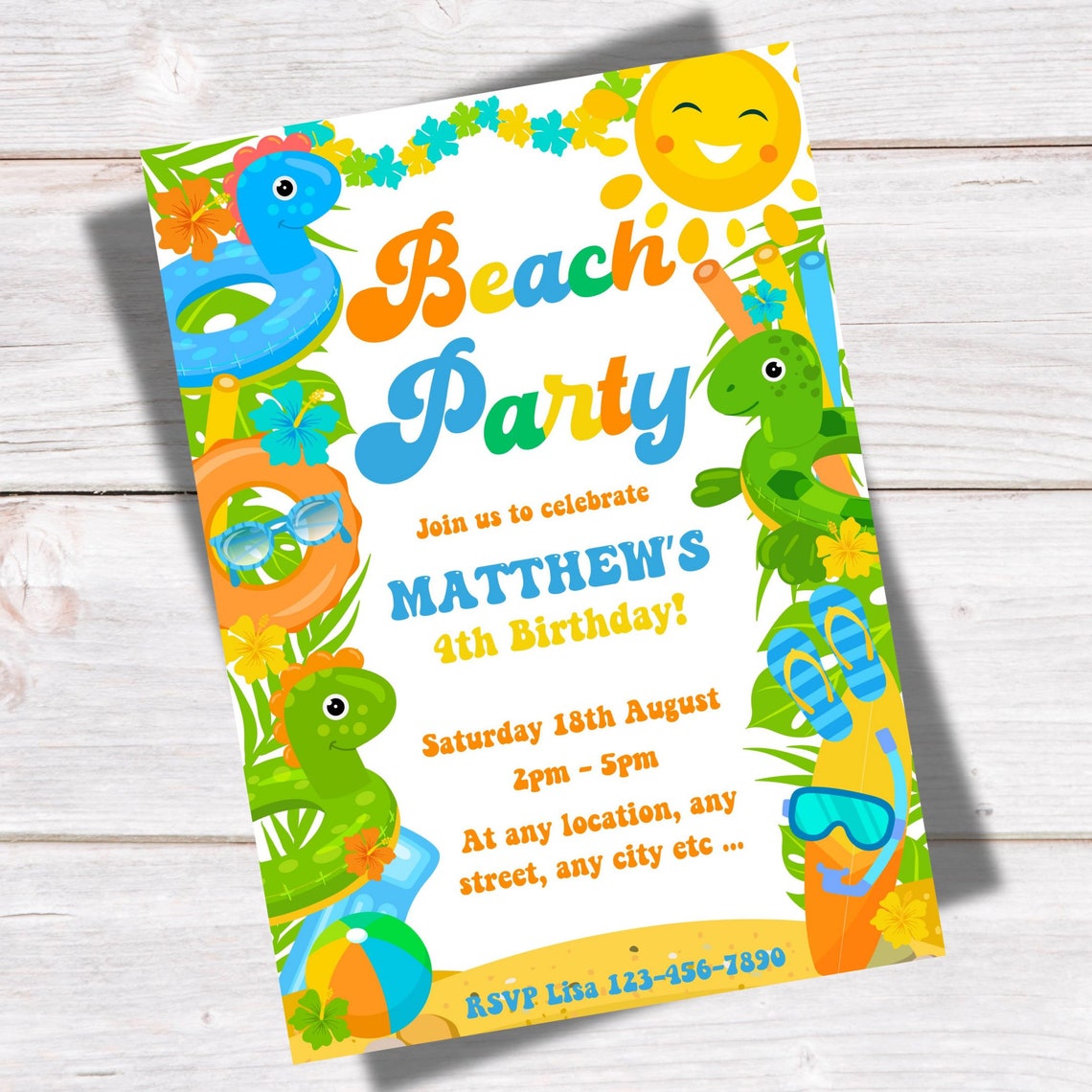 Printable Dinosaur Beach Party Boys Birthday Invitation Dino Summer ...
