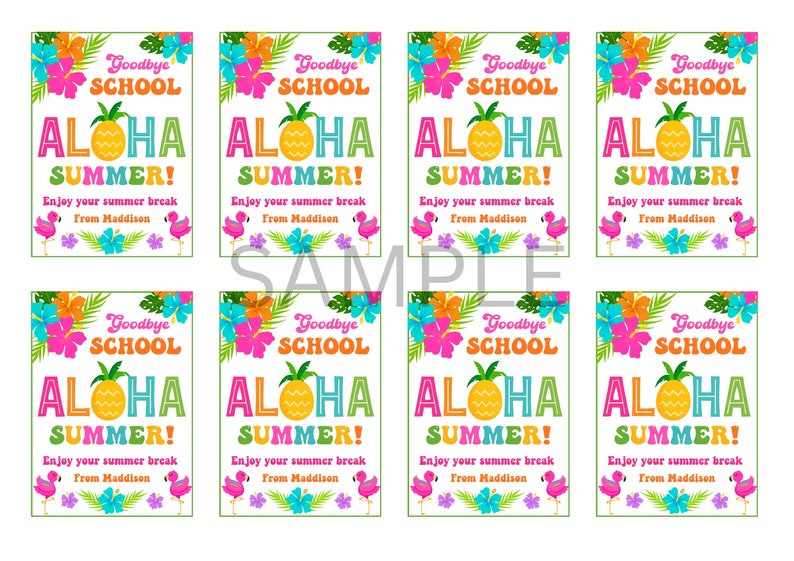 Printable Aloha Summer End of School Year Tag Editable Hawaiian Glitter ...