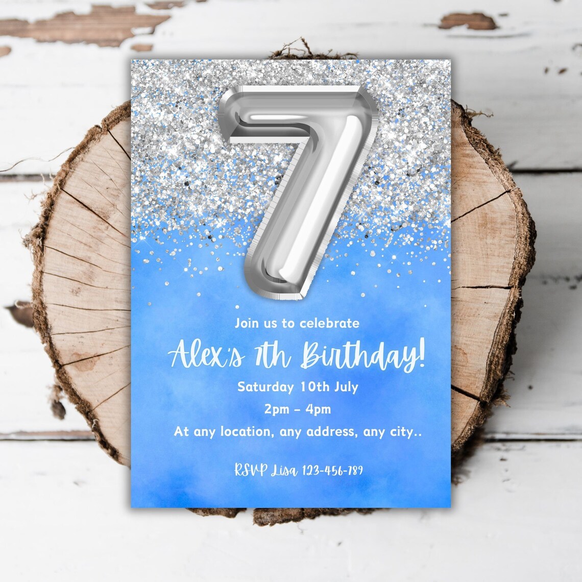 Printable Blue Silver 7th Birthday Invitation Glitter Template Foil ...
