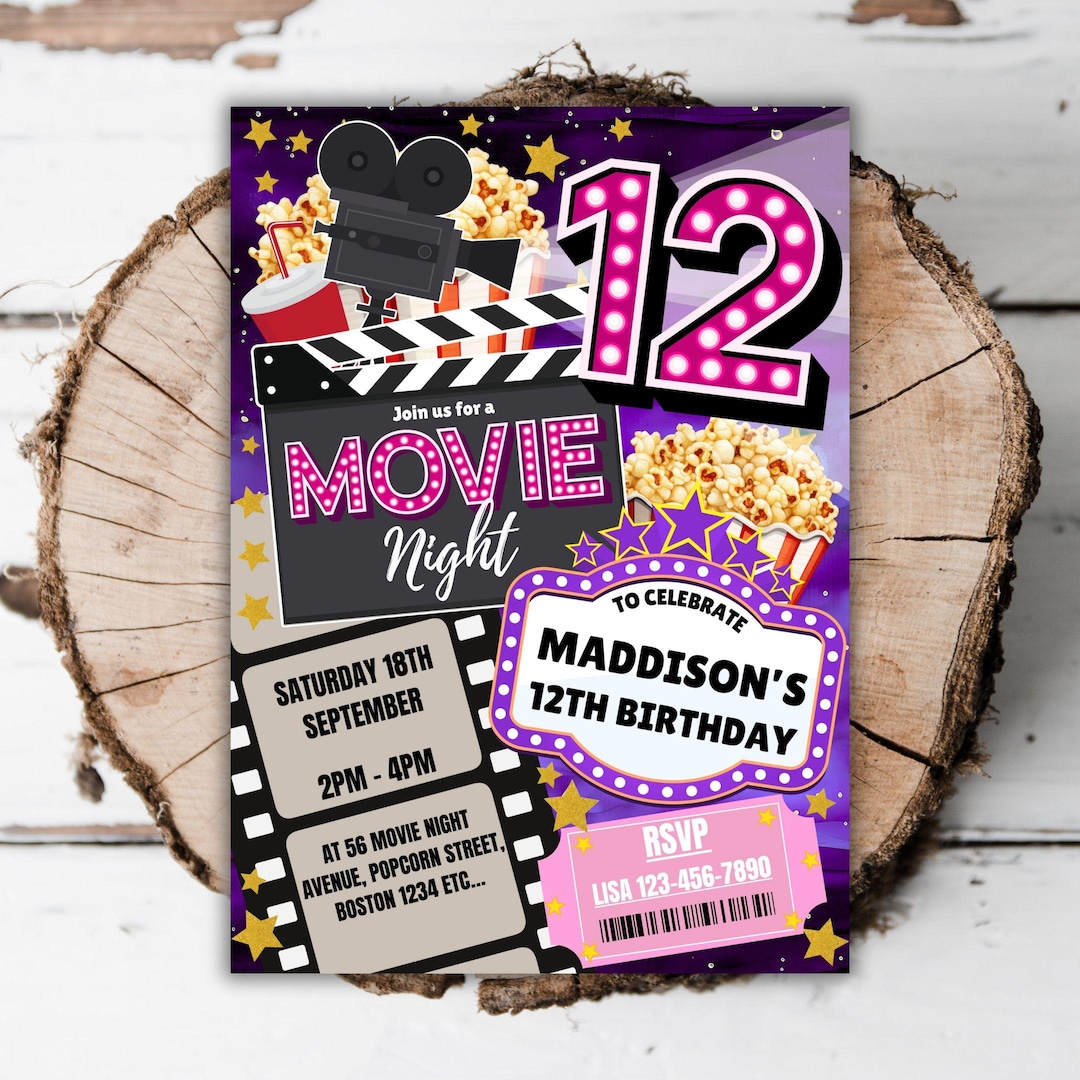 Printable Movie Night 12th Birthday Invitation Party Editable Girls ...