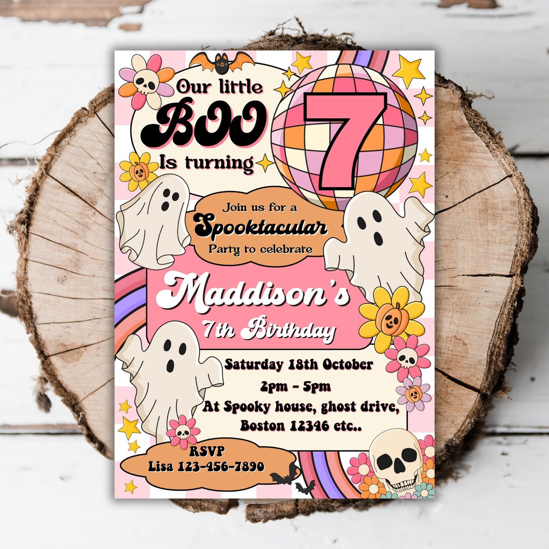 Printable Halloween 7th Birthday Invitation Girls Retro Spooky 7th ...