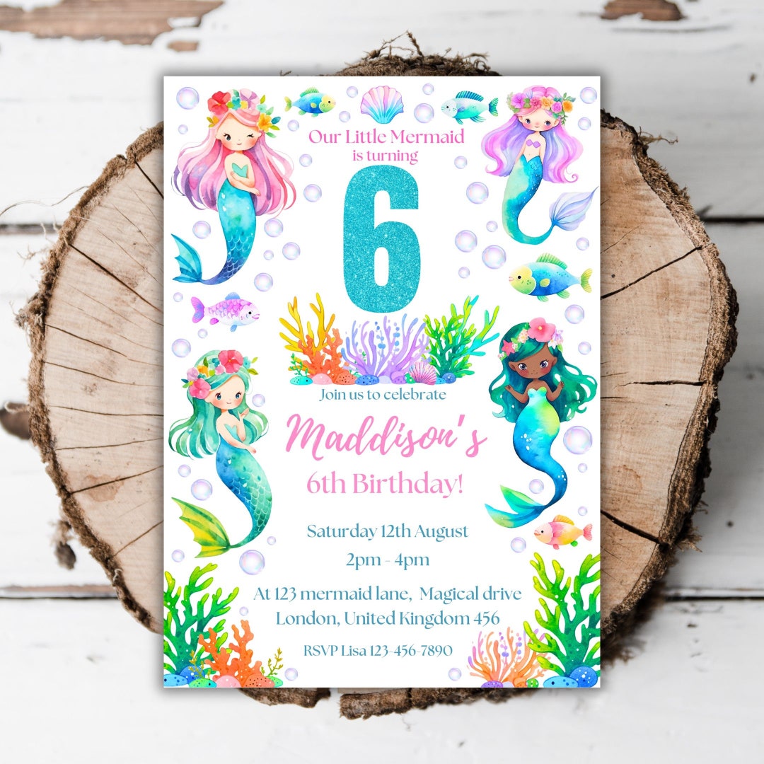 Printable Mermaid 6th Birthday Invitation Girls Tropical Under the Sea ...