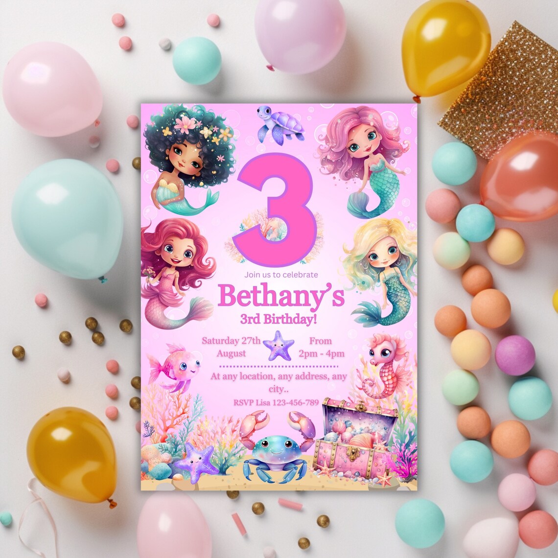 Printable Girls 3rd Mermaid Birthday Party Invitation Under the Sea ...