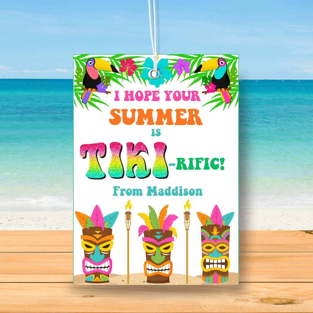 Printable Tiki End of School Year Tag Editable Hawaiian Glitter Tiki ...