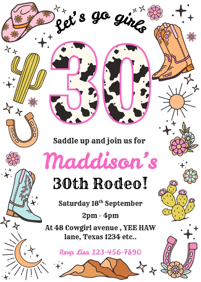 Printable Cowgirl 30th Birthday Invitation Women’s Wild West Rodeo ...