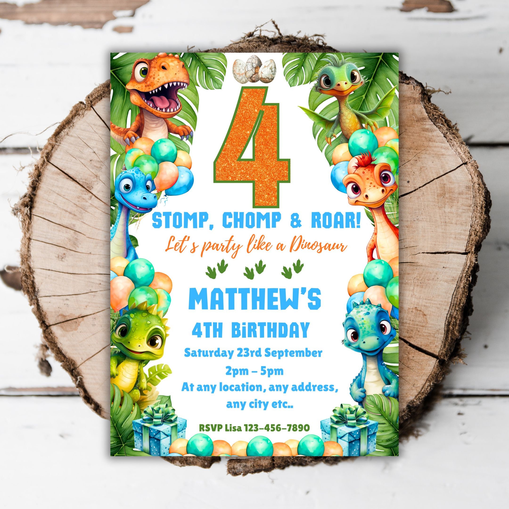 Printable Dinosaur Boys 4th Birthday Invitation Dino Editable Jurassic ...
