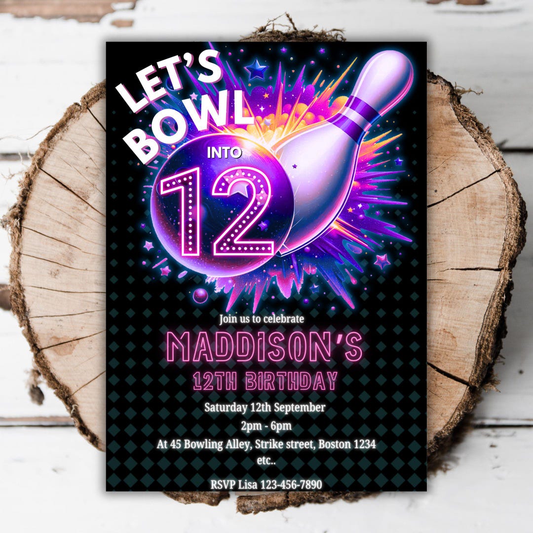 Printable Neon Bowling Girls 12th Birthday Invitation Glow Editable ...