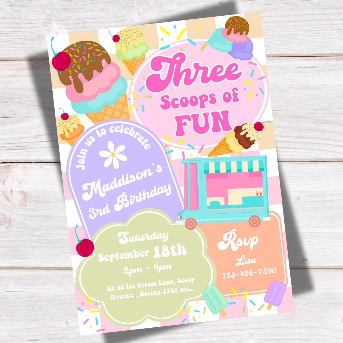 Printable Ice Cream 3rd Birthday Invitation Girls Ice Pop Editable ...