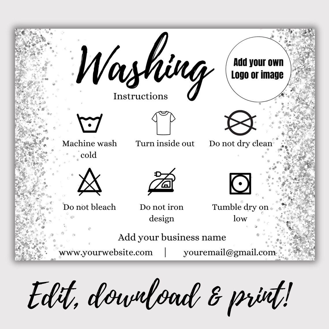 Printable Washing Care Card Template Simple T-shirt Care Editable Card ...