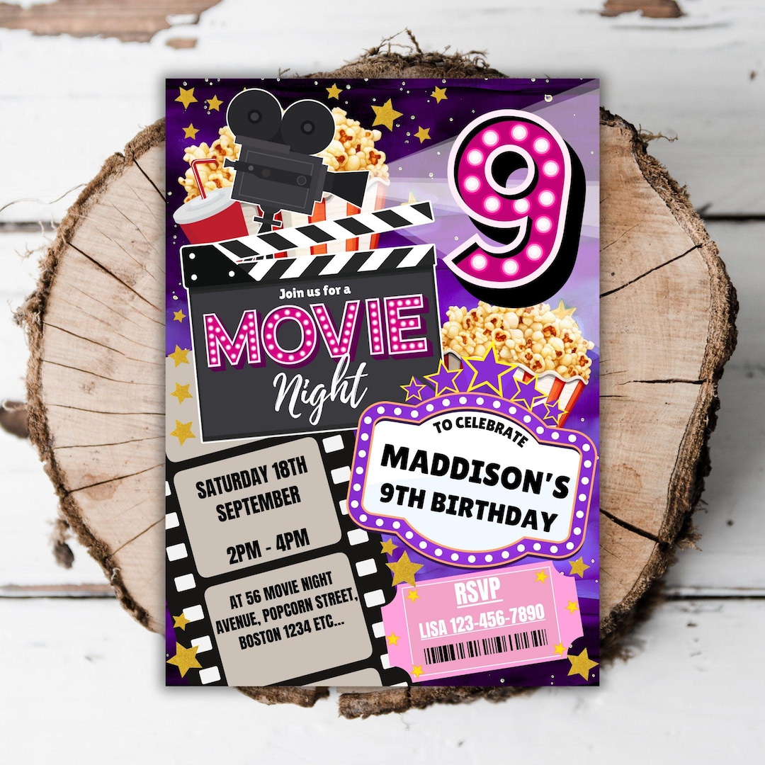 Printable Movie Night 9th Birthday Invitation Party Editable Girls ...