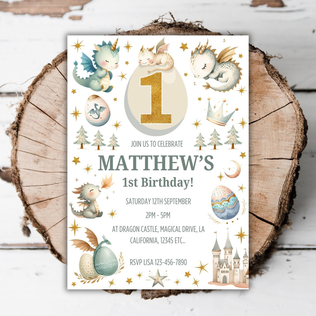 Printable Dragon 1st Birthday Invitation Boys Turning One Magical ...