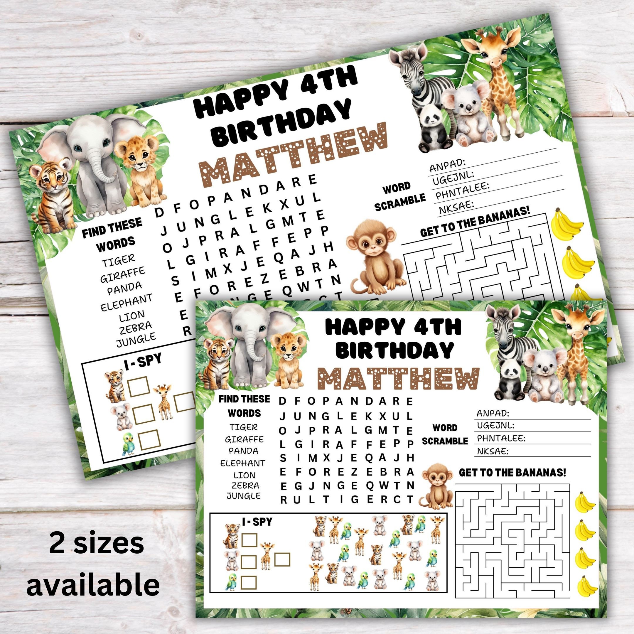 Printable Jungle Party Placemat Activity Sheet Jungle Animals Editable ...