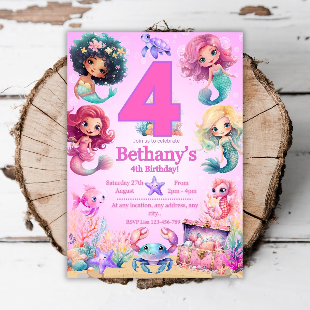 Printable Girls 4th Mermaid Birthday Party Invitation Under the Sea ...