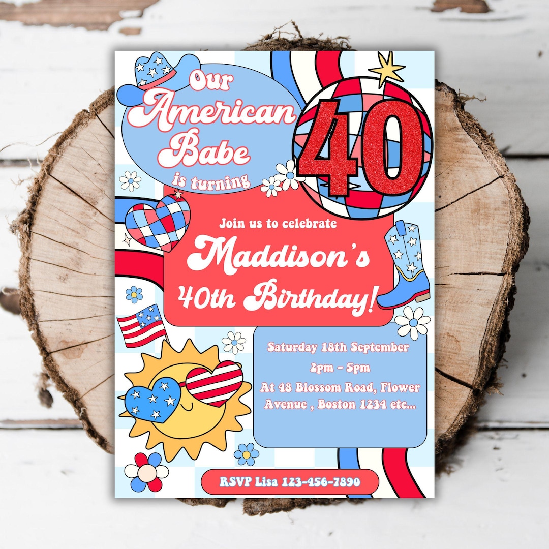 Printable American Babe 40th Birthday Invitation Women's 4th July ...