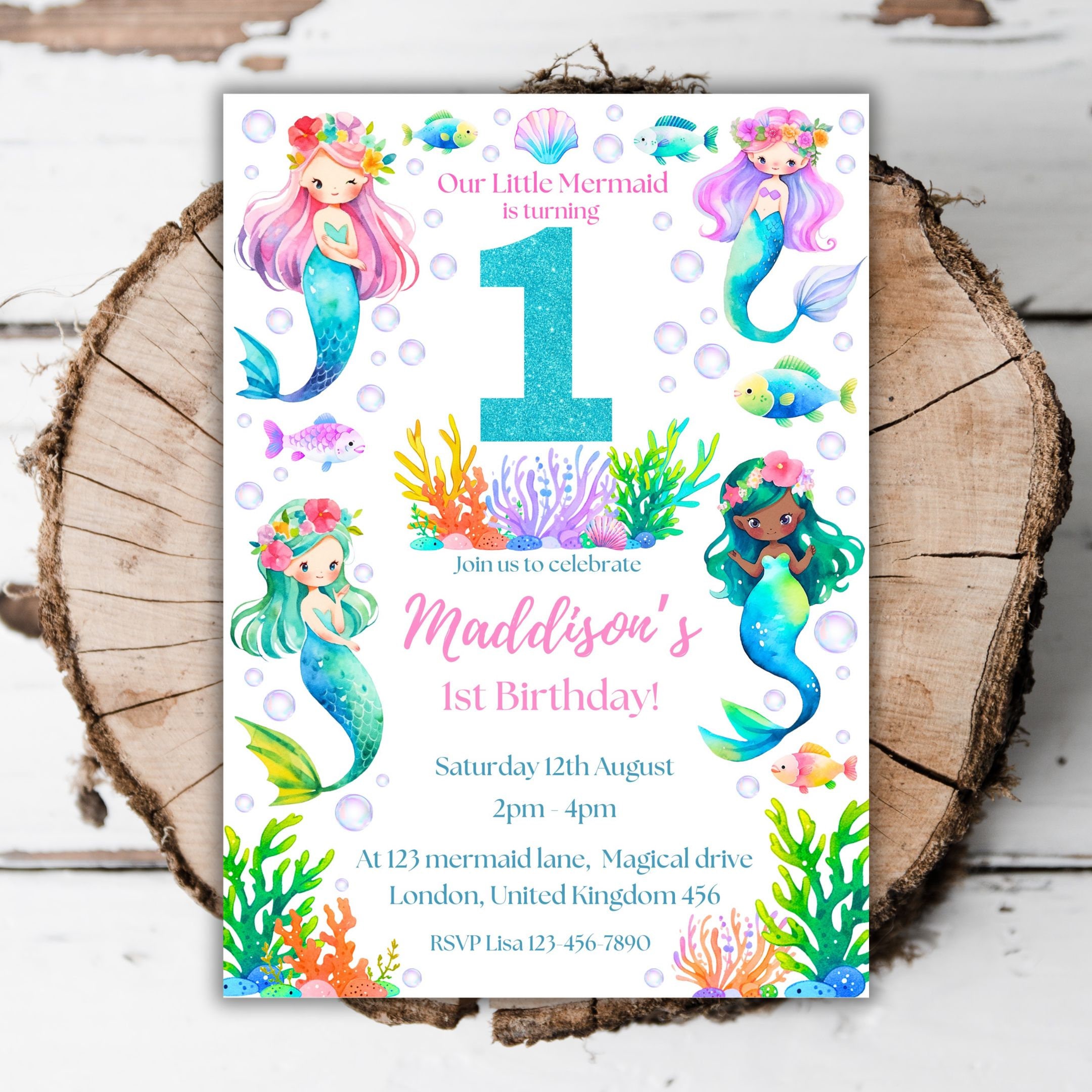 Printable Mermaid 1st Birthday Invitation Girls Tropical Under the Sea ...